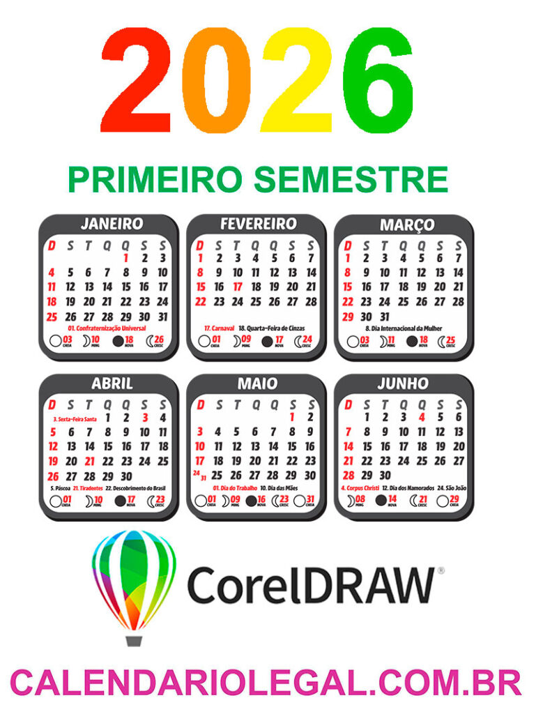 Grade Calendário 2026 de Mesa Semestral Arquivo Digital - CalendárioLegal