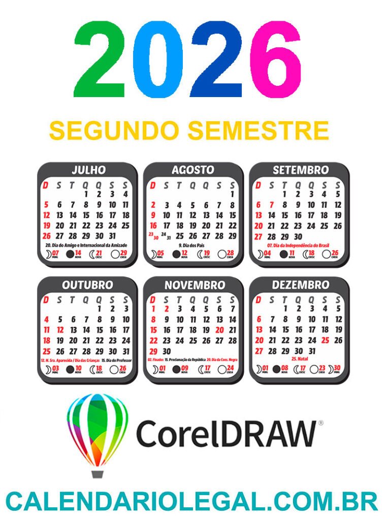 Grade Calendário 2026 de Mesa Semestral Arquivo Digital - CalendárioLegal